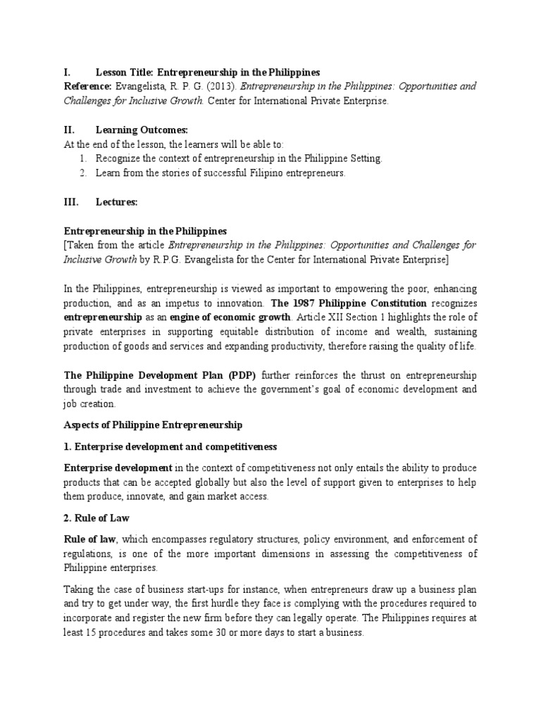 Entrepreneurship in The Philippines | PDF | Entrepreneurship | Business