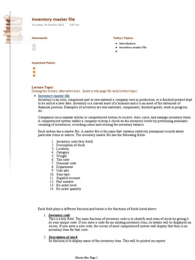 Inventory Master File: Lecture Topic: During The Lecture, Take Notes ...