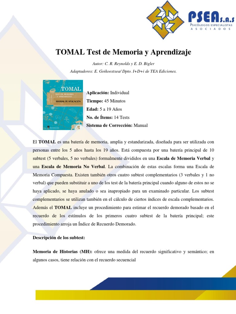 TOMAL Test de Memoria y Aprendizaje | PDF | Memoria | Aprendizaje