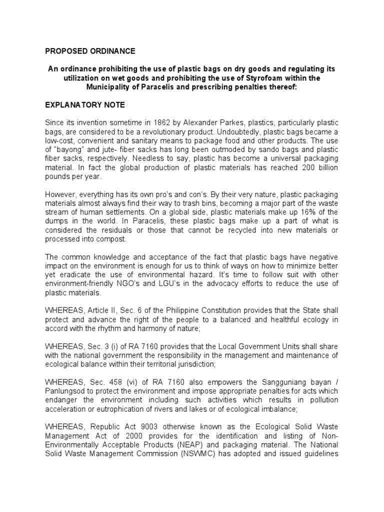 Ordinance Prohibiting The Use of Plastic Bags | PDF | Plastic | Waste ...