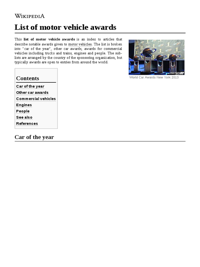 List of Motor Vehicle Awards | PDF | Car | Automotive Industry