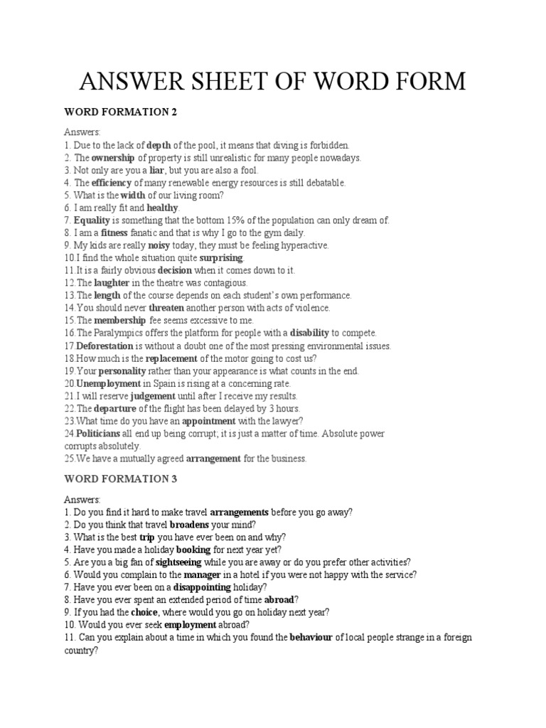 Word Form Exercises with Answers | PDF | Sports | Adolescence