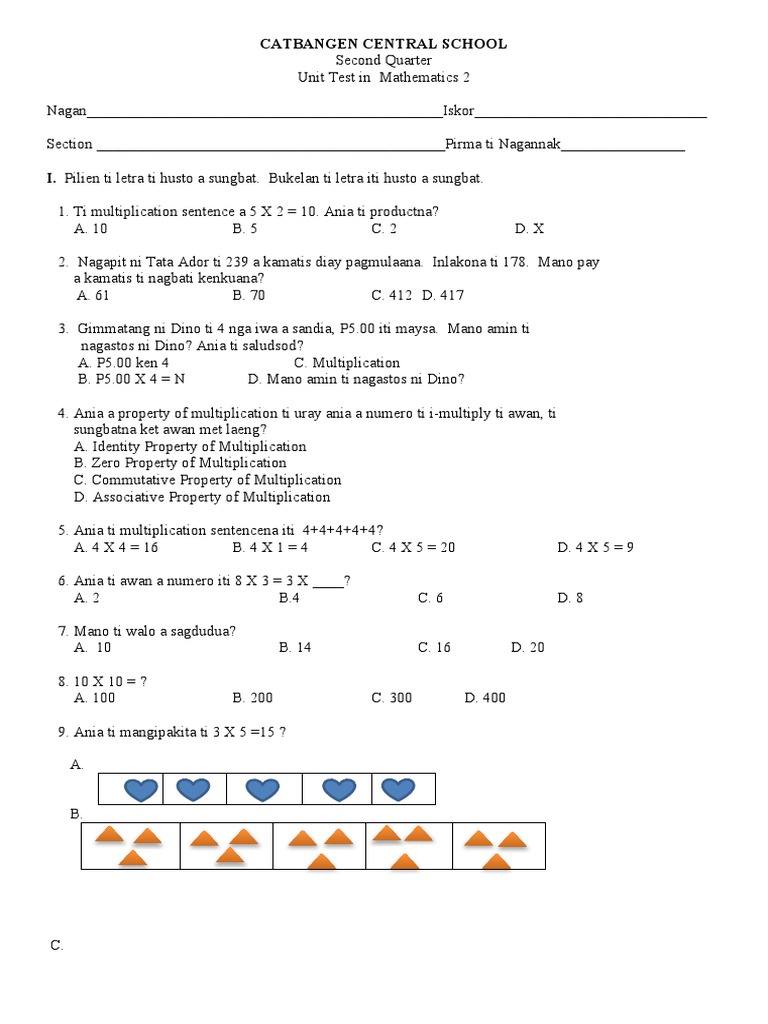 1ST & 2nd Quarter - Unit Test Math | PDF