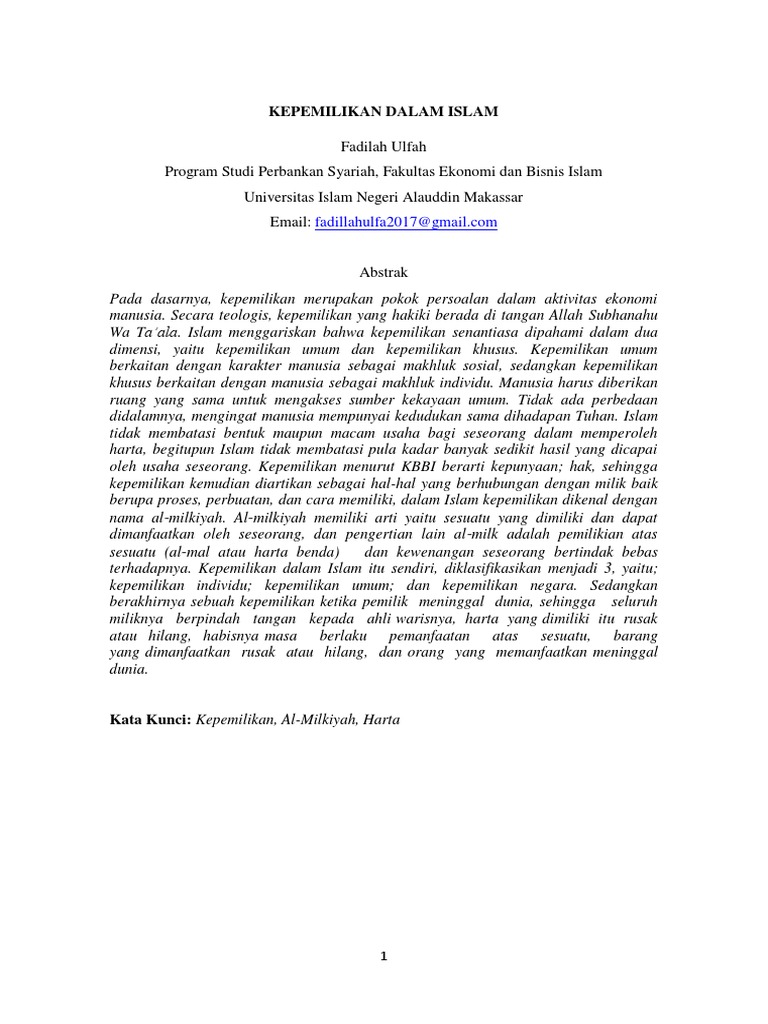 Kepemilikan Dalam Islam (Fadilah Ulfah) | PDF