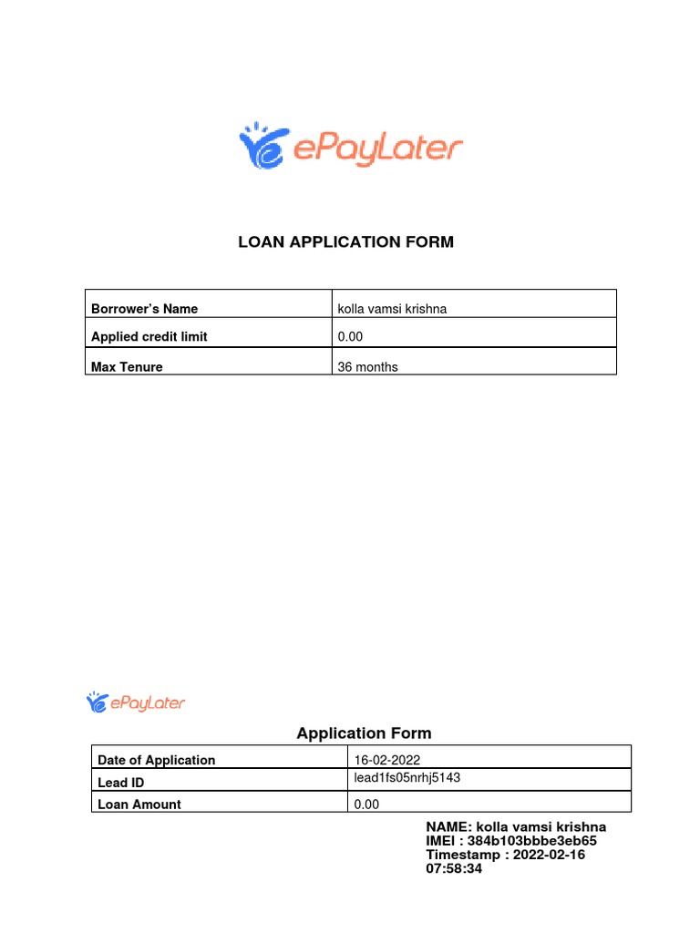 Loan Application Form: Borrower's Name Applied Credit Limit Max Tenure ...