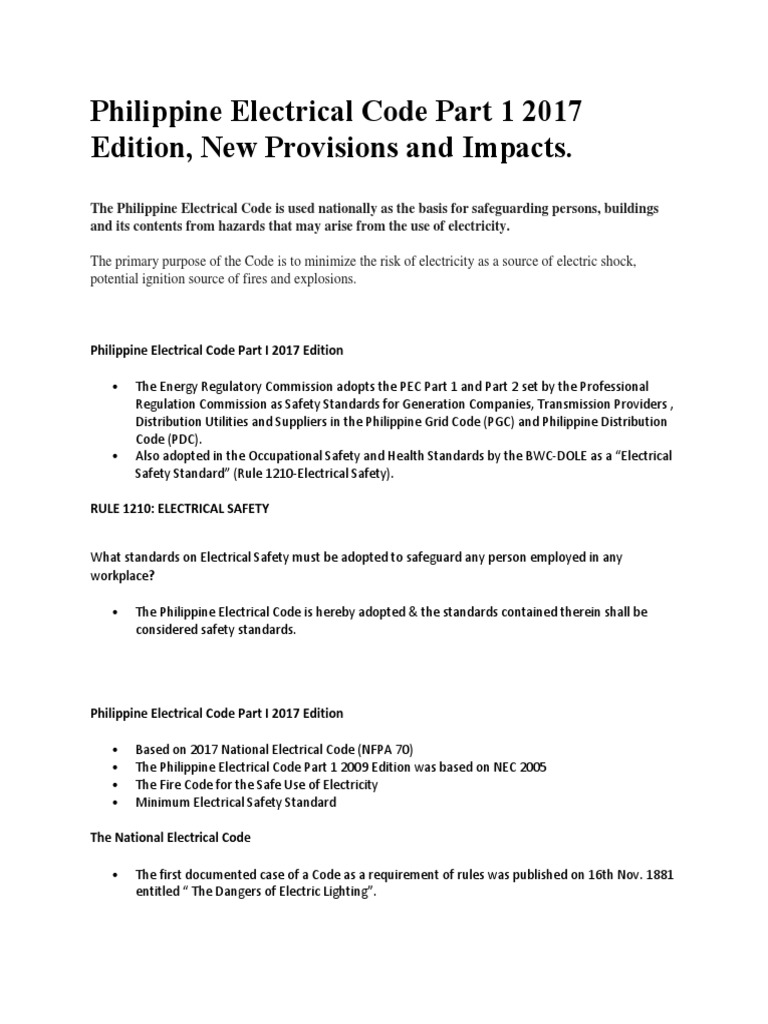 Philippine Electrical Code Part 1 2017 Edition, New Provisions and Impacts | Download Free PDF ...