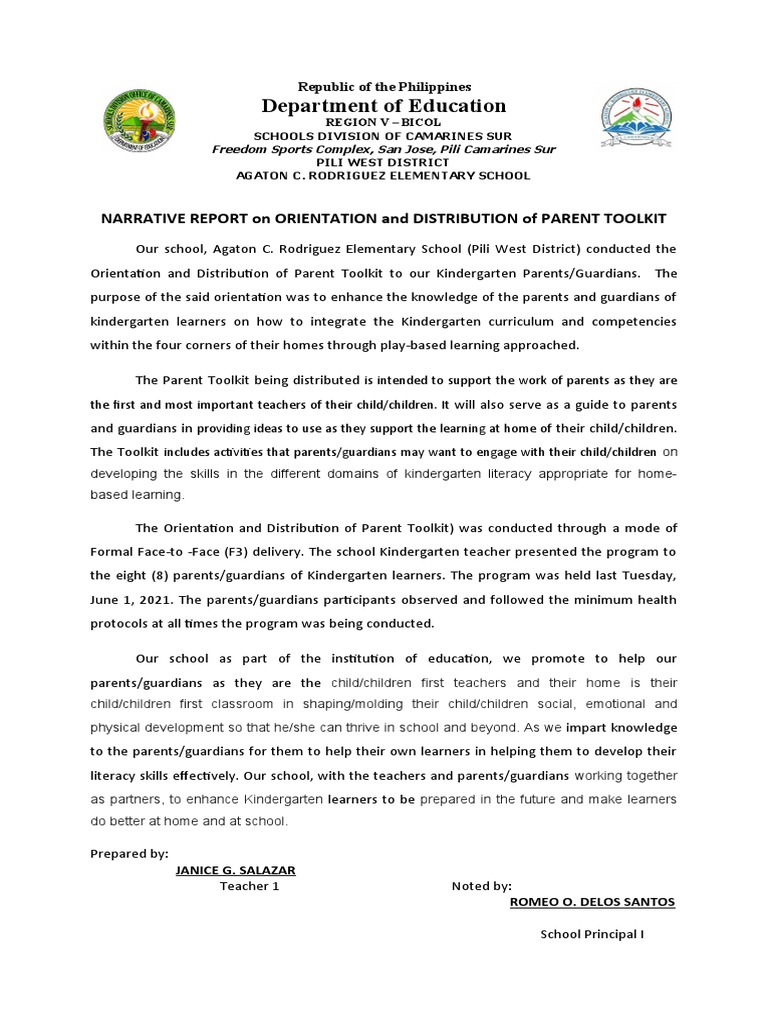 Narrative Report On Orientation of Parent Toolkit | PDF | Kindergarten ...