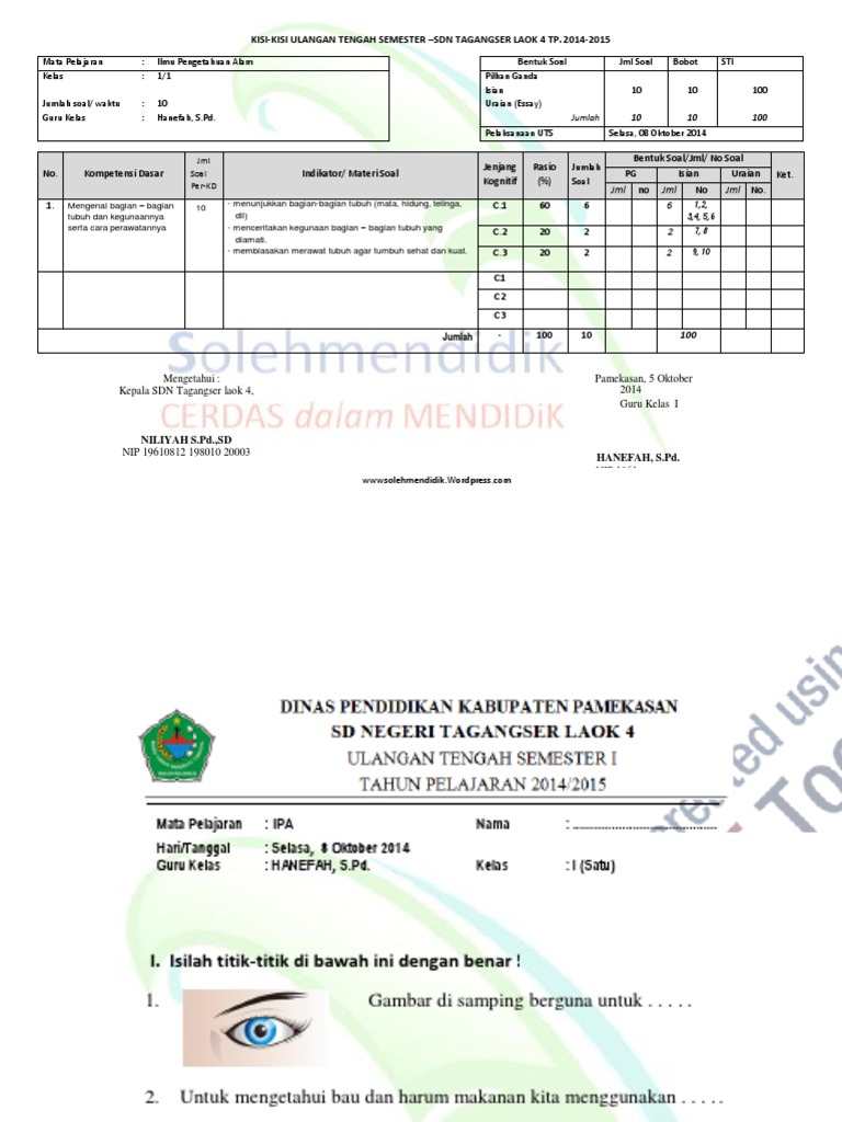Kisi Kisi Dan Soal Uts 1 Ipa Kelas I | PDF