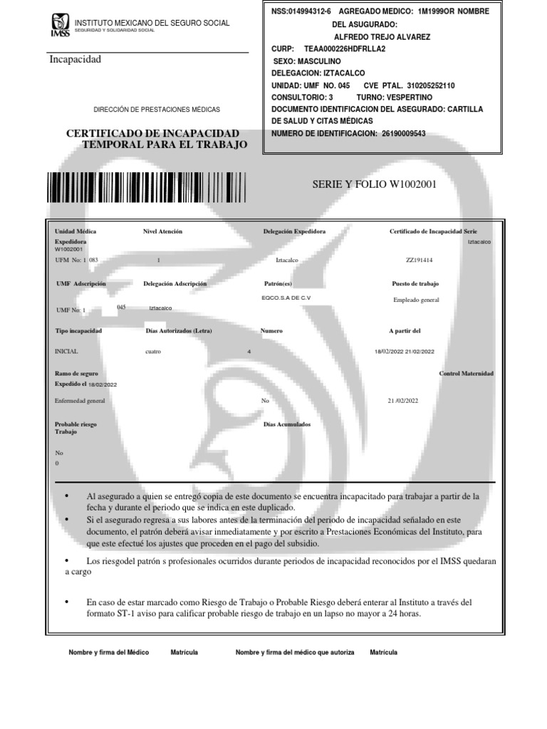 Certificado de incapacidad temporal para el trabajo expedido por el ...