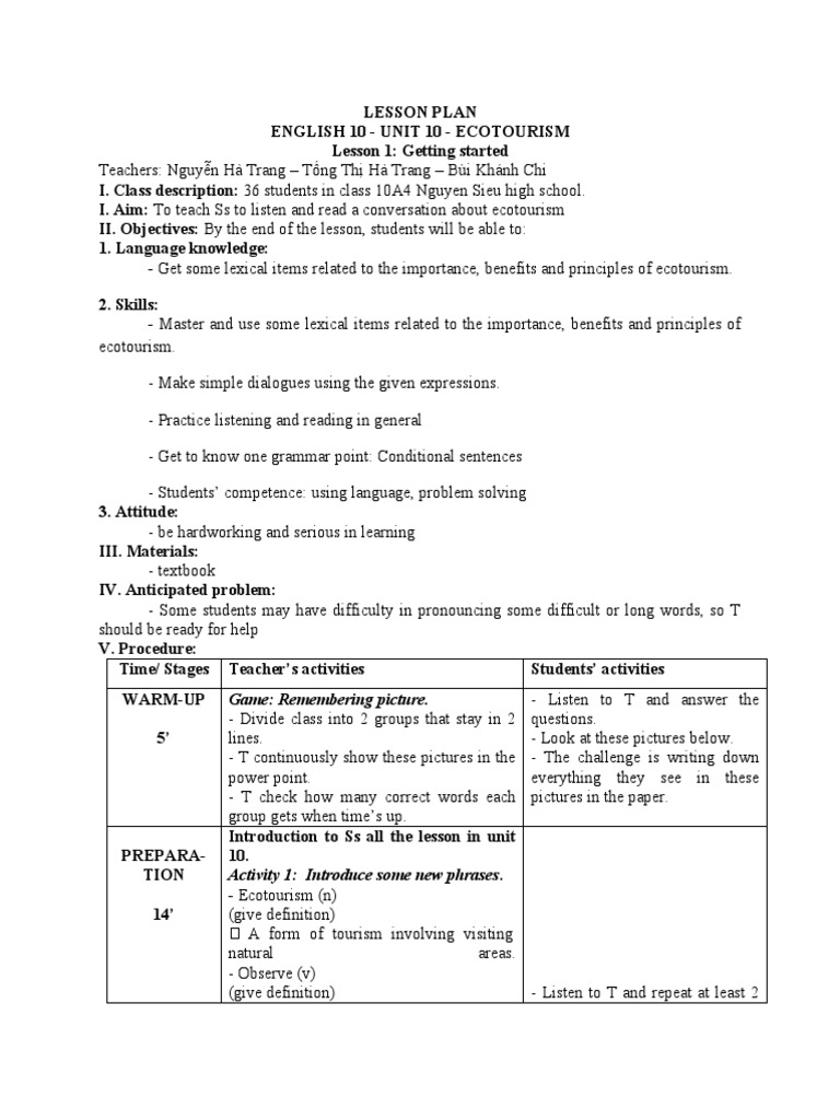 Lesson Plan - Unit 10 - Ecotourism | PDF | Sentence (Linguistics ...