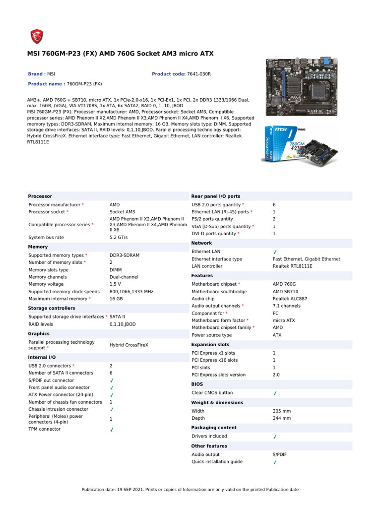 MSI 760GM-P23 (FX) AMD 760G Socket AM3 Micro ATX: Brand: Product Code: Product Name | PDF ...