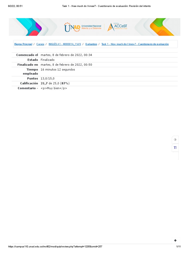 Task 1 - How Much Do I Know - Cuestionario de Evaluación - Revisión Del ...