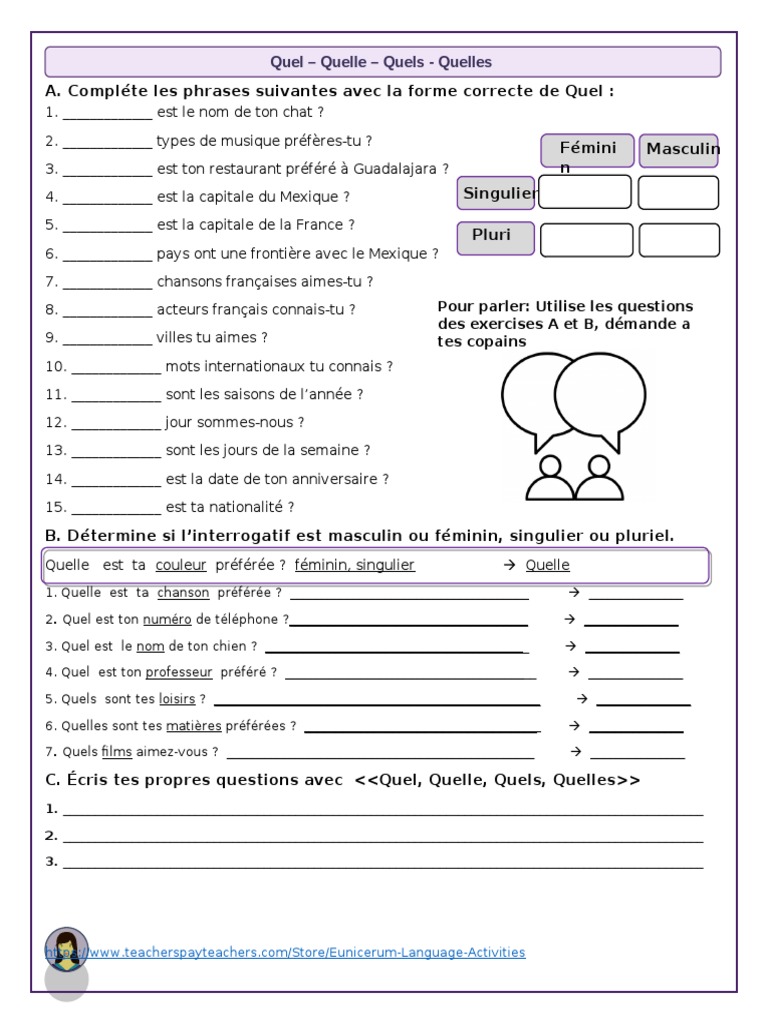 Quel Quels Quelle Quelles Exercice Grammatical Fiche Pedagogique 117361 ...