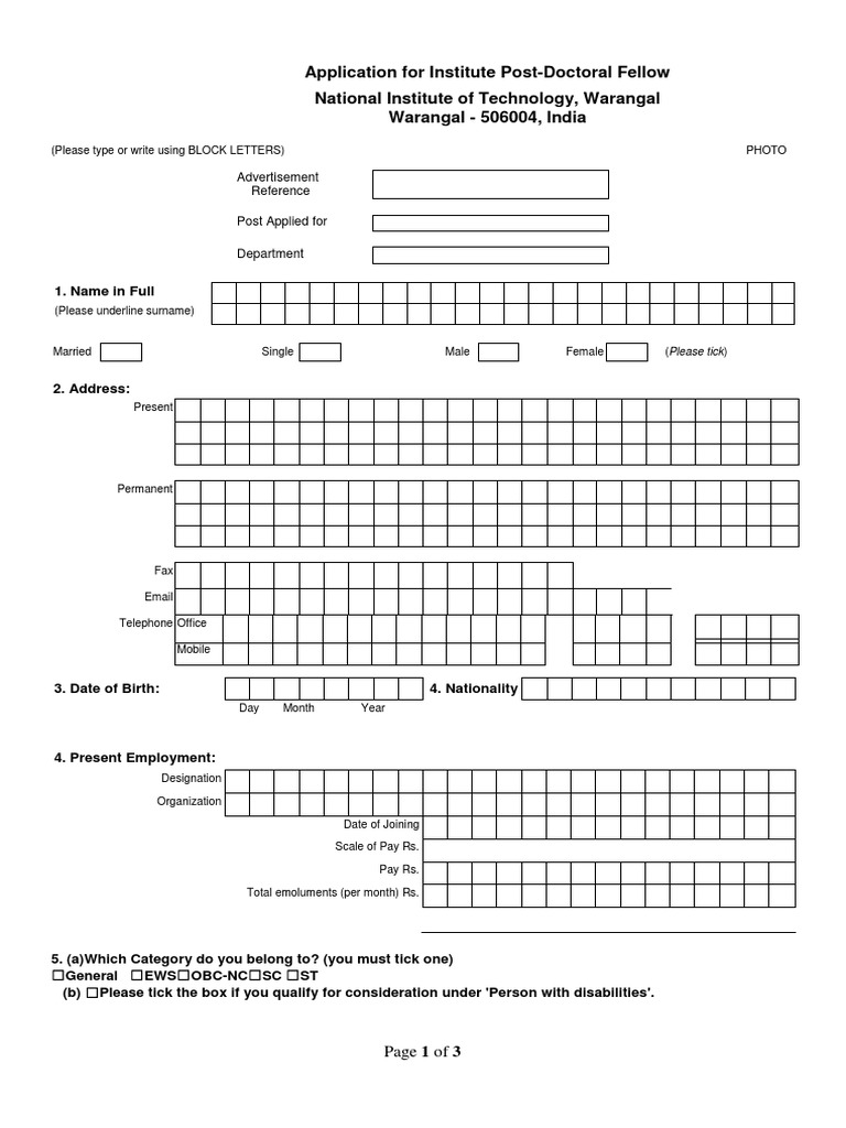 Application For Institute Post-Doctoral Fellow National Institute of ...
