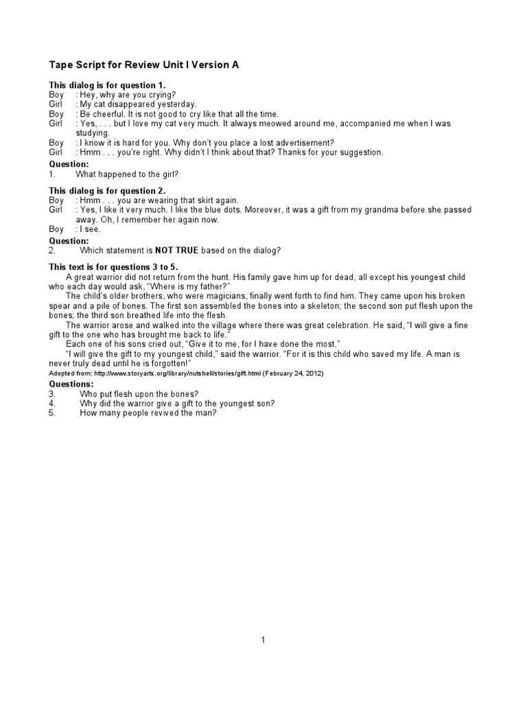 Tape Script For Review Unit I Version A: This Dialog Is For Question 1 ...
