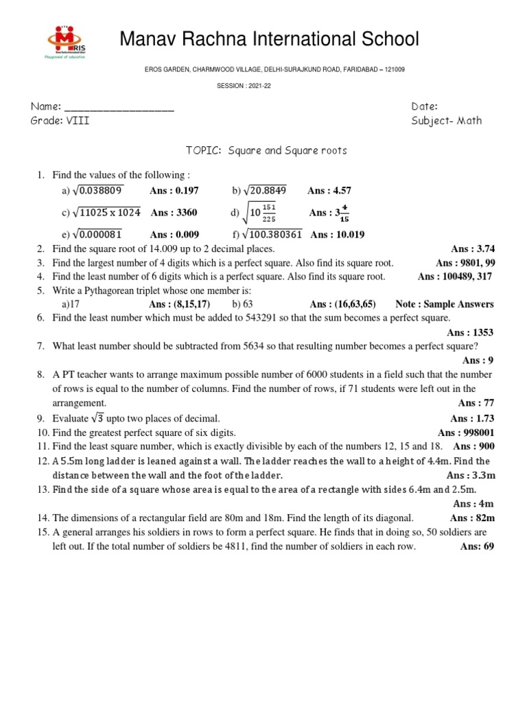 Worksheet Square and Square Roots Grade 8 2021 - 22 New | PDF | Numbers ...