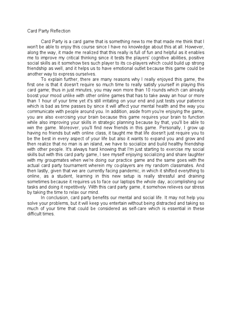 Card Party Reflection - Paper | PDF | Friendship | Critical Thinking