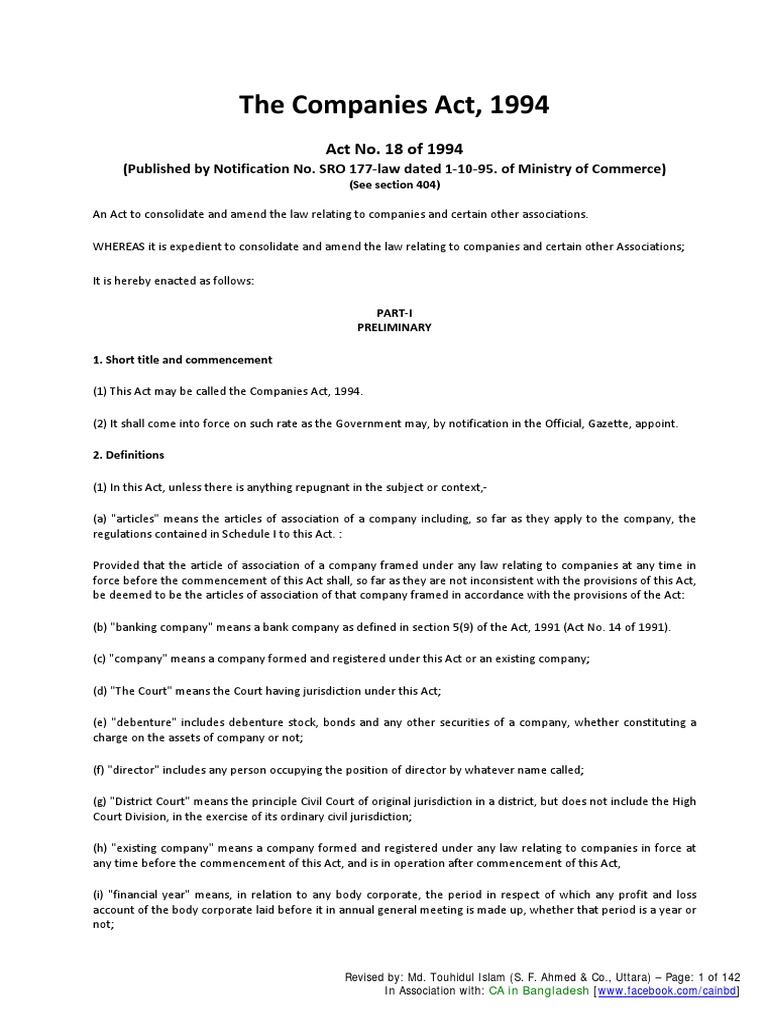 Companies Act 1994 (Authentic English Version) Further Revised | PDF ...