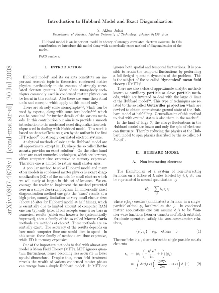 Introduction To Hubbard Model and Exact Diagonalization: PACS Numbers | PDF | Spin (Physics ...
