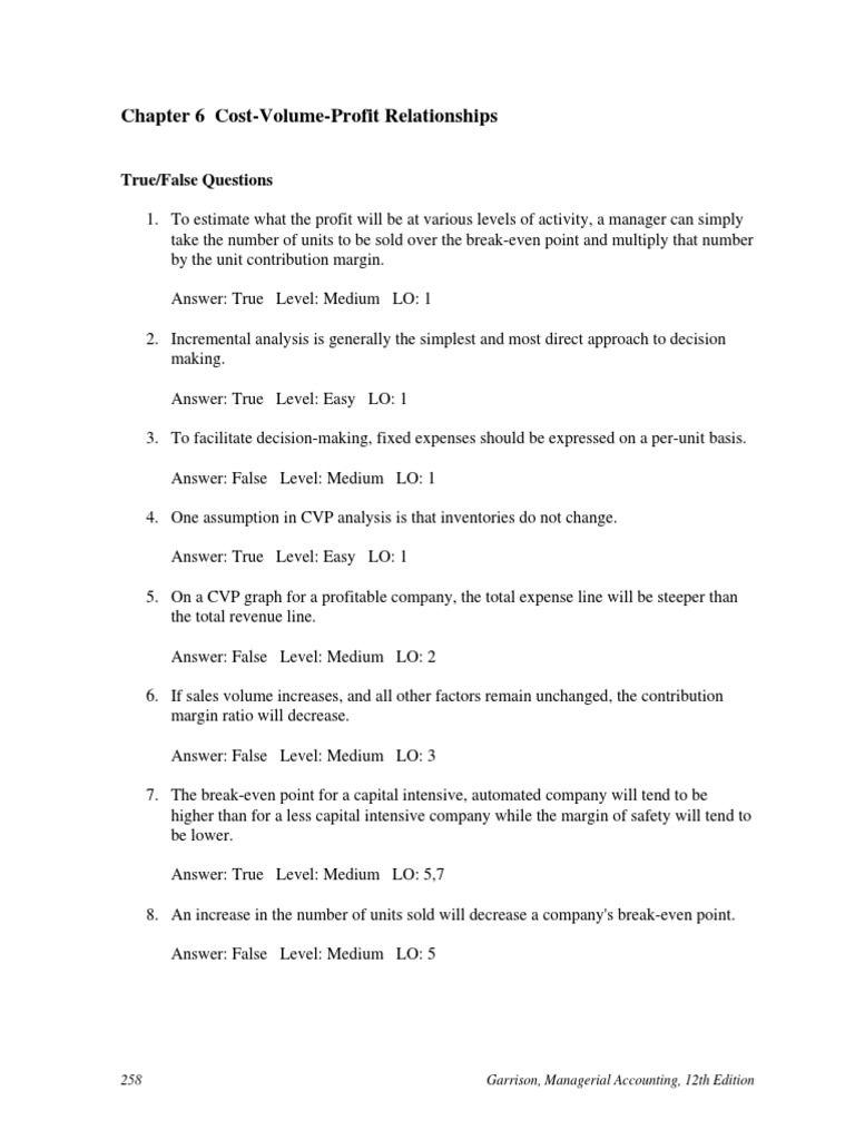 Chapter 6 Cost-Volume-Profit Relationships: True/False Questions | PDF | Finance & Money Management