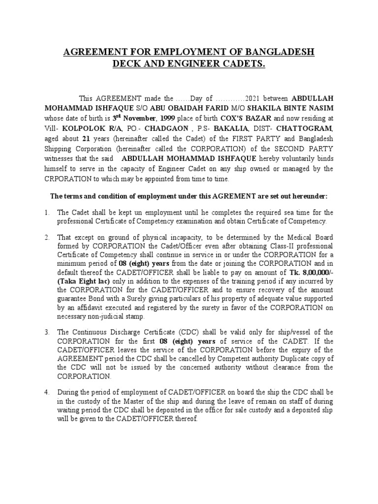 Agreement For Employment of Bangladesh Deck and Engineer Cadets ...