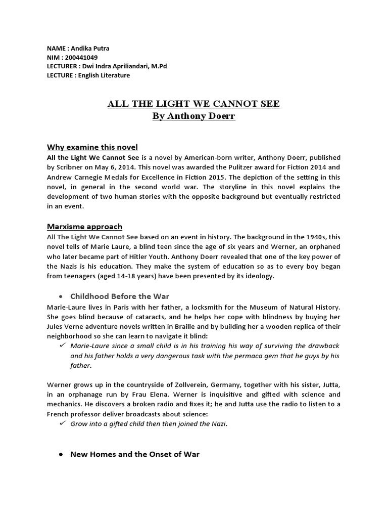 All The Light We Cannot See by Anthony Doerr: Why Examine This Novel | PDF