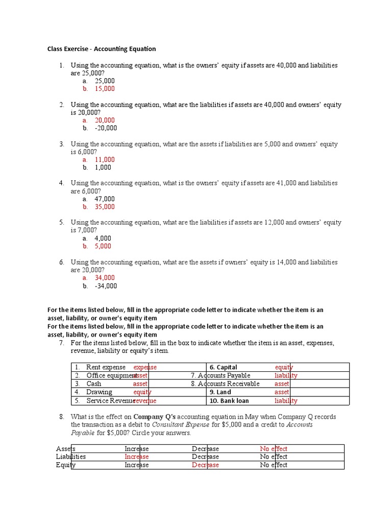 Class Exercises - Accounting Equation 2 - Answers | PDF | Debits And ...