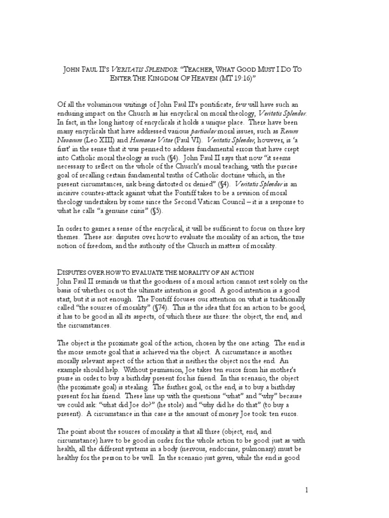 Veritatis Splendor A Brief Summary | PDF | Free Will | Conscience
