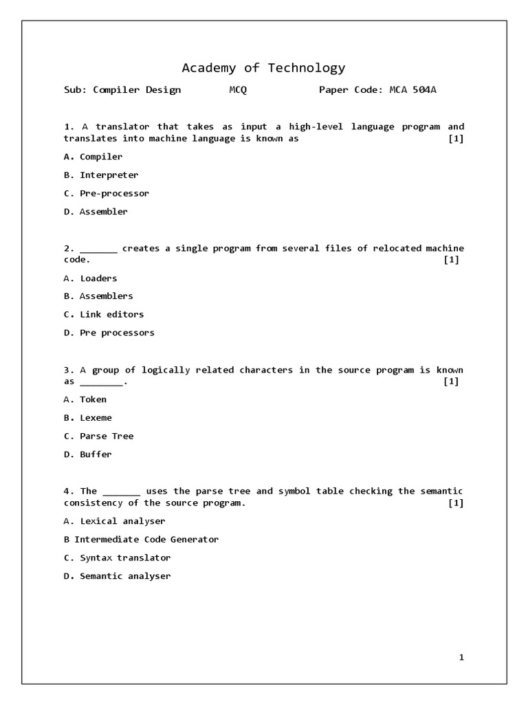 Compiler MCQ (MCA 504A) | PDF | Compiler | Parsing