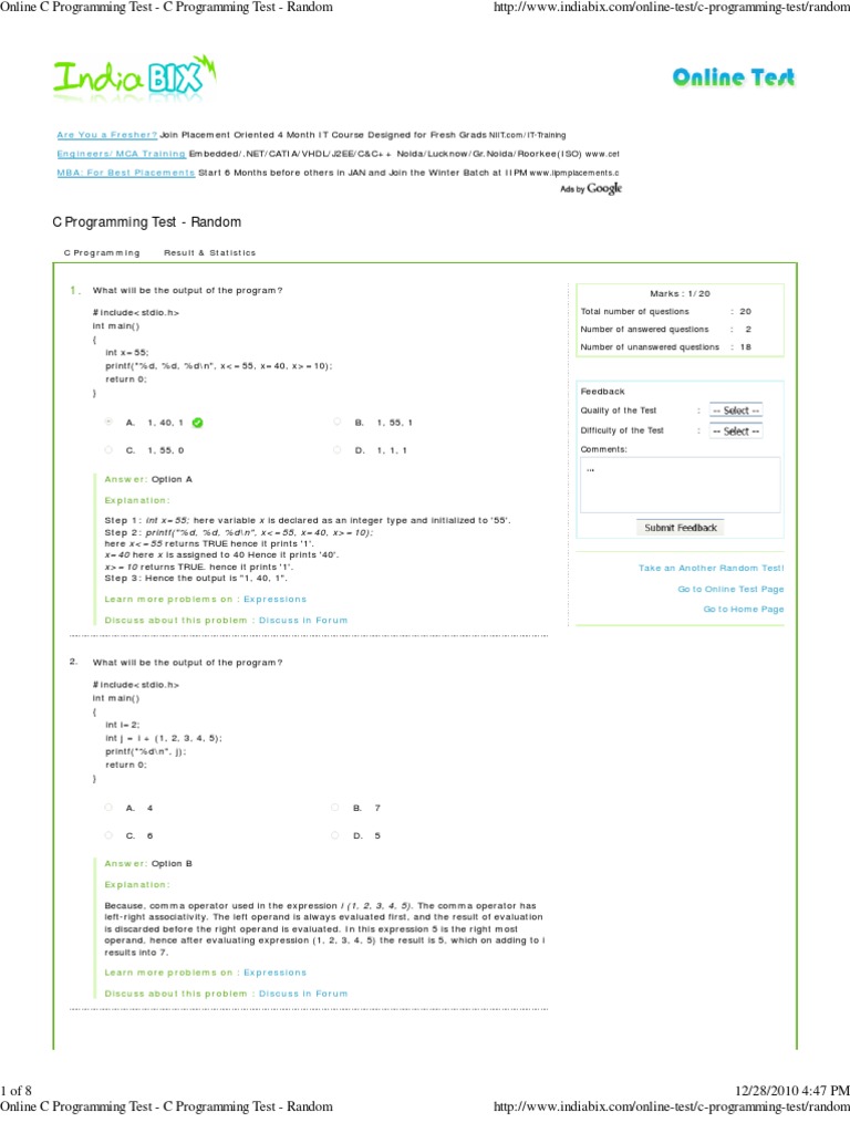 Online C Programming Test - .. | Download Free PDF | C (Programming ...