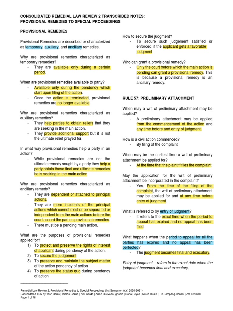 Consolidated Remedial Law Review 2 Transcribed Notes: Provisional ...