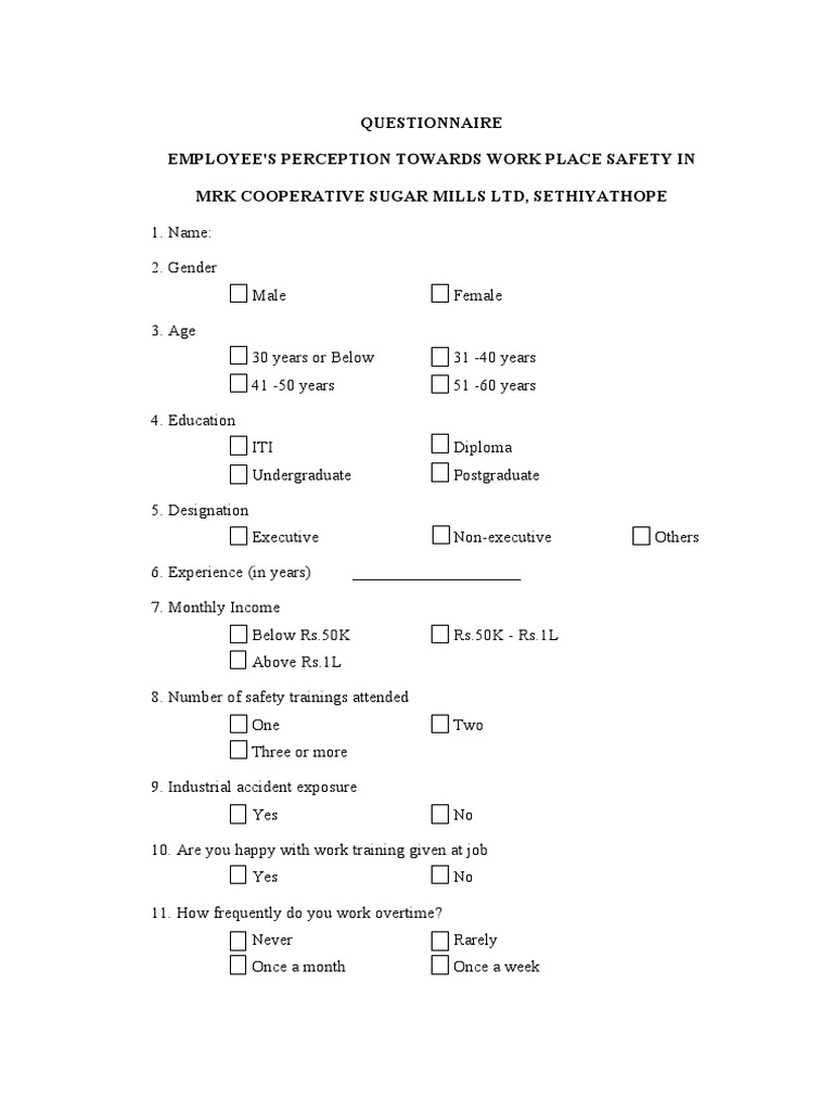 Questionnaire Employee'S Perception Towards Work Place Safety in MRK ...