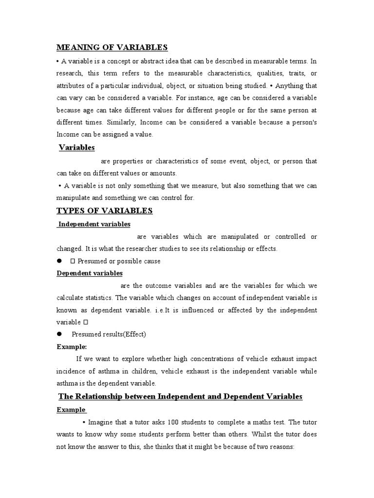 MEANING of VARIABLES - A Variable Is A Concept or | PDF | Dependent And ...