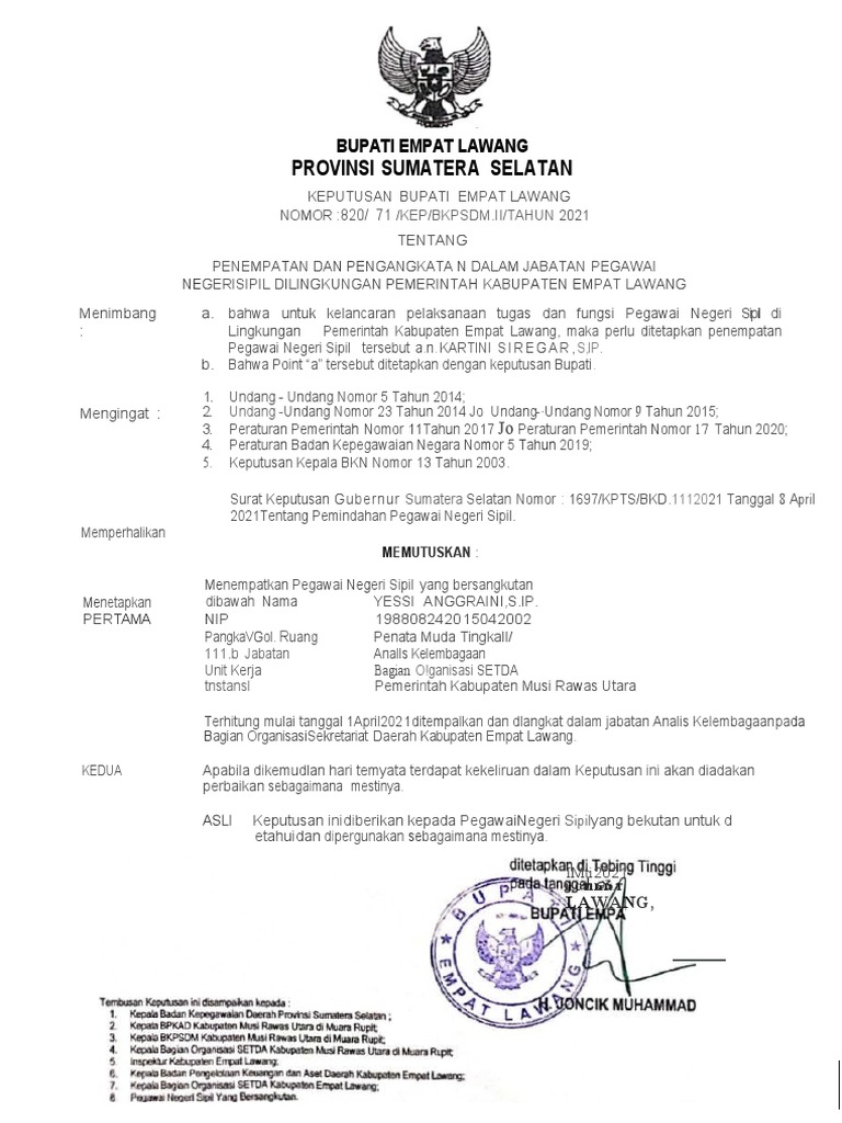 Contoh SK Penempatan Dan Pengangkatan Dalam Jabatan PNS | PDF