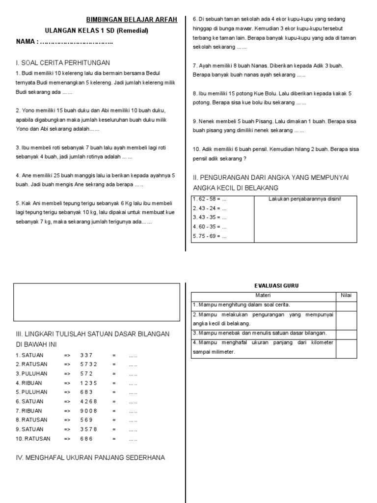Soal Ulangan 1 (Remedial) - Kelas 1 SD | PDF