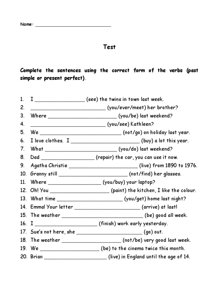 Test Present Perfect - Past Simple | PDF | Language Arts & Discipline ...