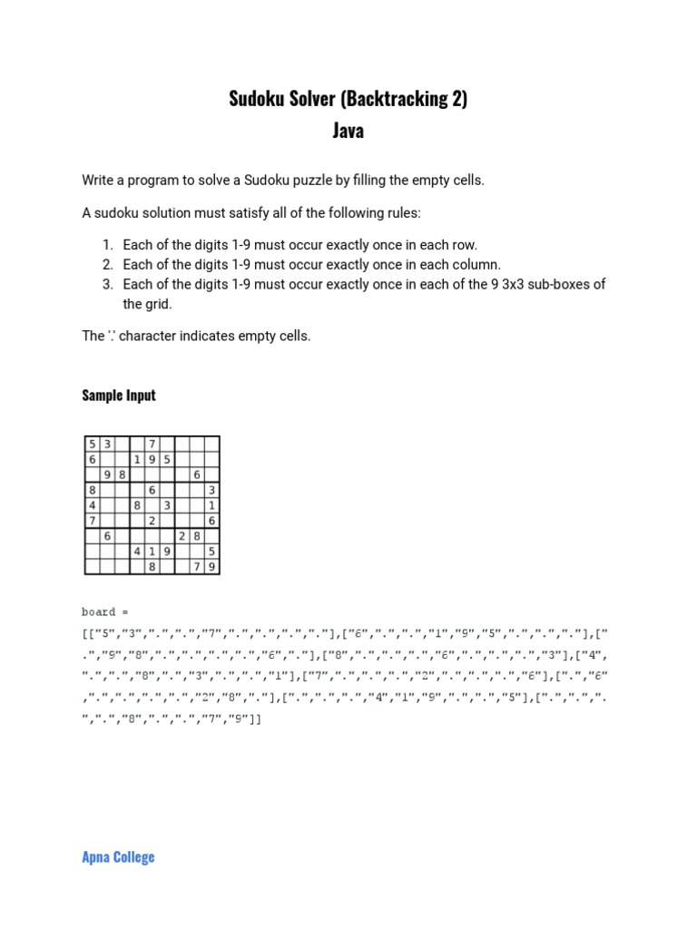 Sudoku Solver (Backtracking 2) Java: Sample Input | PDF | Computer ...