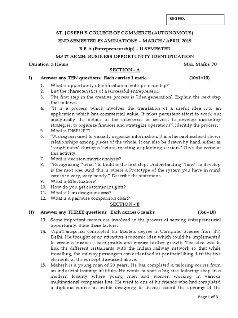 Business Opportunity Identification Exam | PDF | Entrepreneurship ...