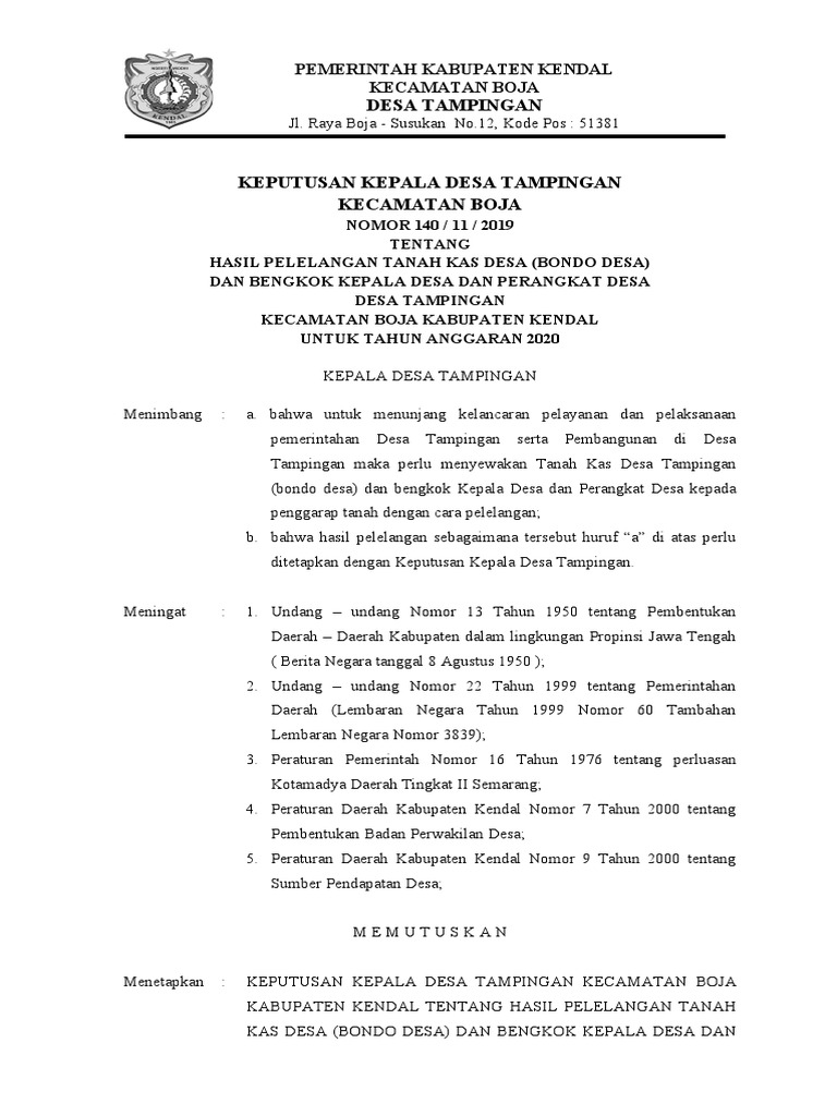 Lelang Tanah Kas dan Bengkok Desa Tampingan | PDF