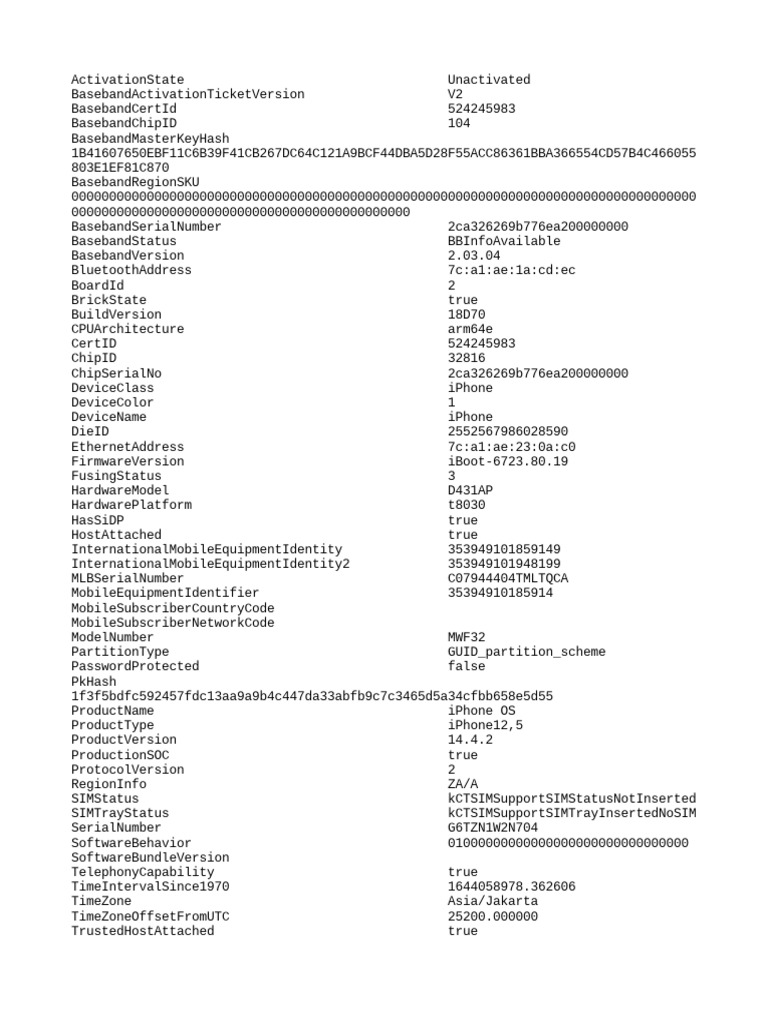 Device information for an iPhone including hardware details, software ...