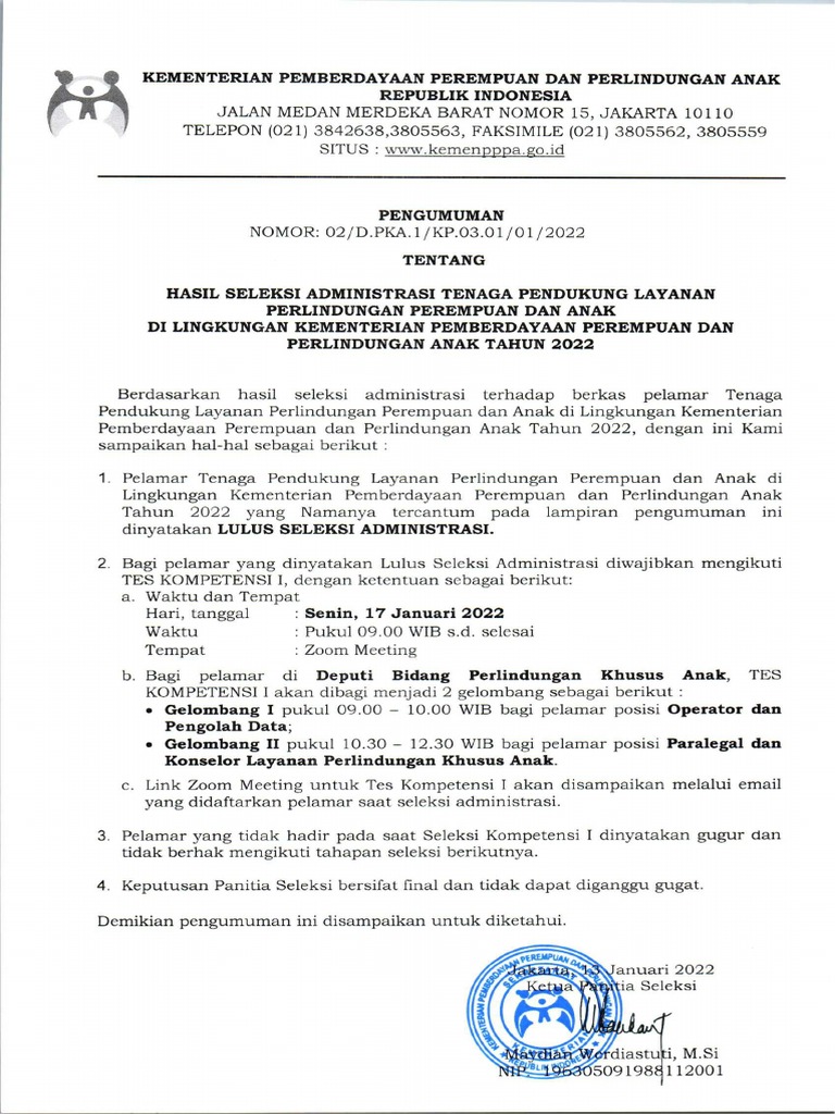 Hasil Seleksi Administrasi Rekrutmen Tenaga Layanan PPA 2022 | PDF