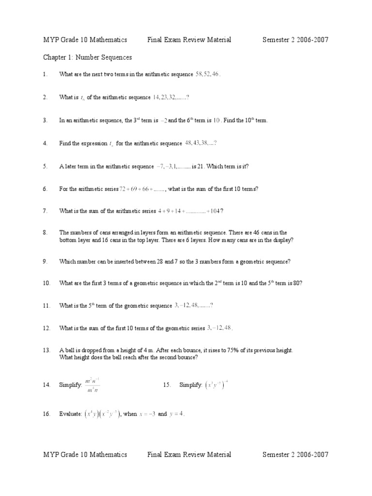 MYP Grade 10 Mathematics Final Exam Review Material Semester 2 2006 ...