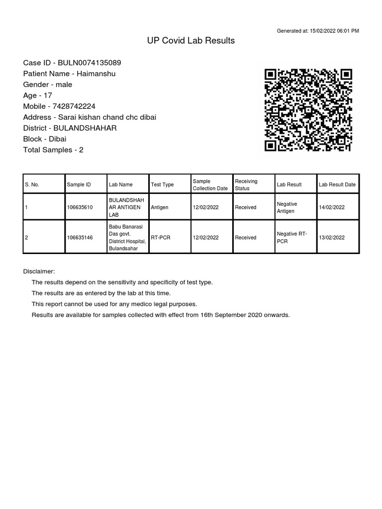 UP Covid Lab Results for Haimanshu | PDF