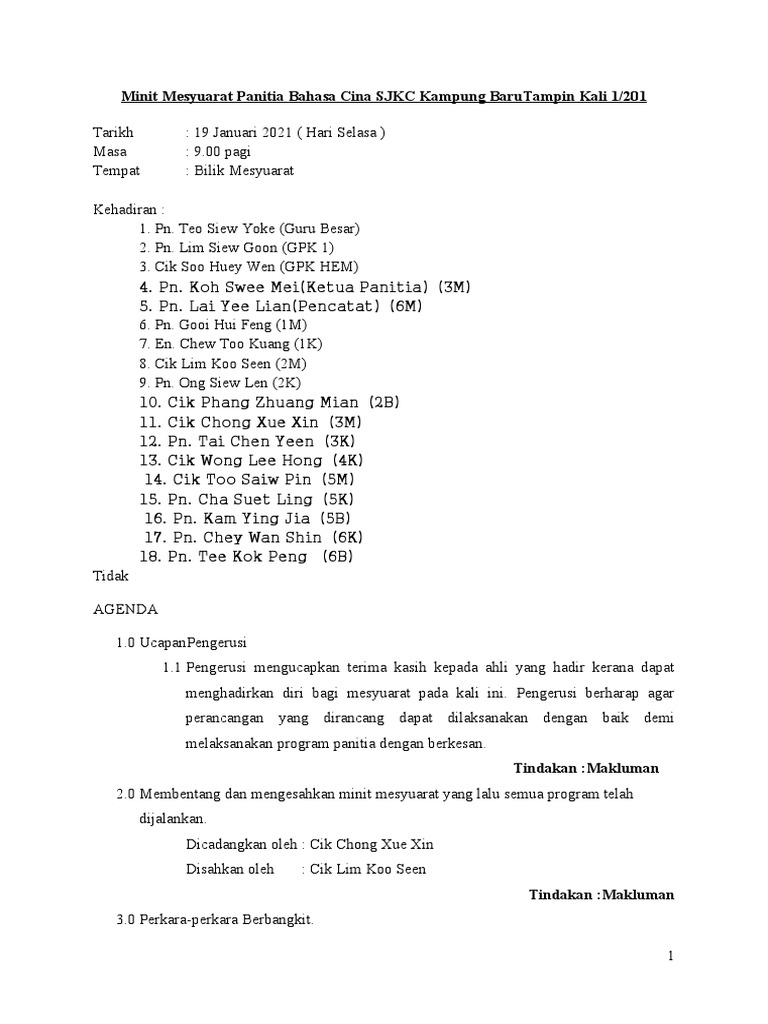 Minit Mesyuarat Panitia BC Kali Ke-1 2021 | PDF