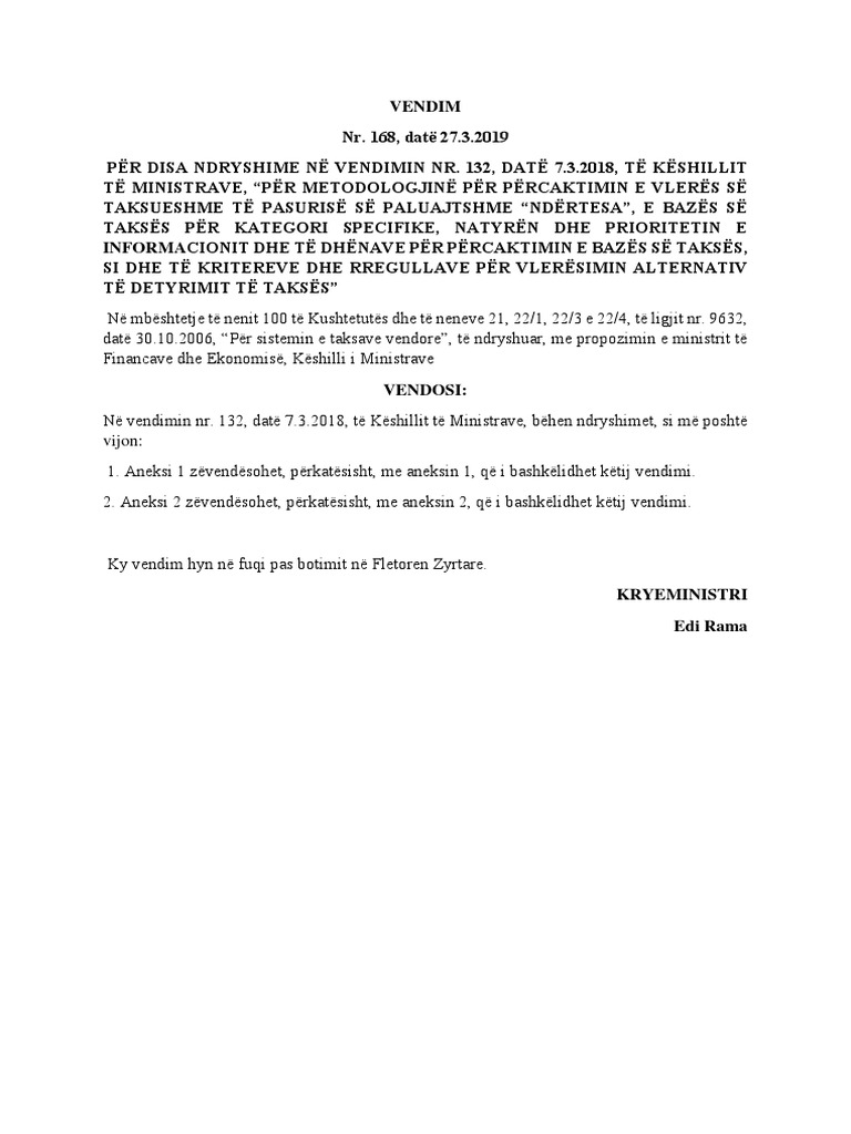 VKM 168 Date 27.03.2019 Taksa e Ndertesave | PDF