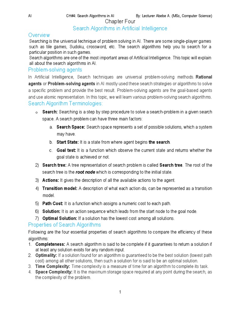 Search Algorithms in Artificial Intelligence: Chapter Four | PDF ...