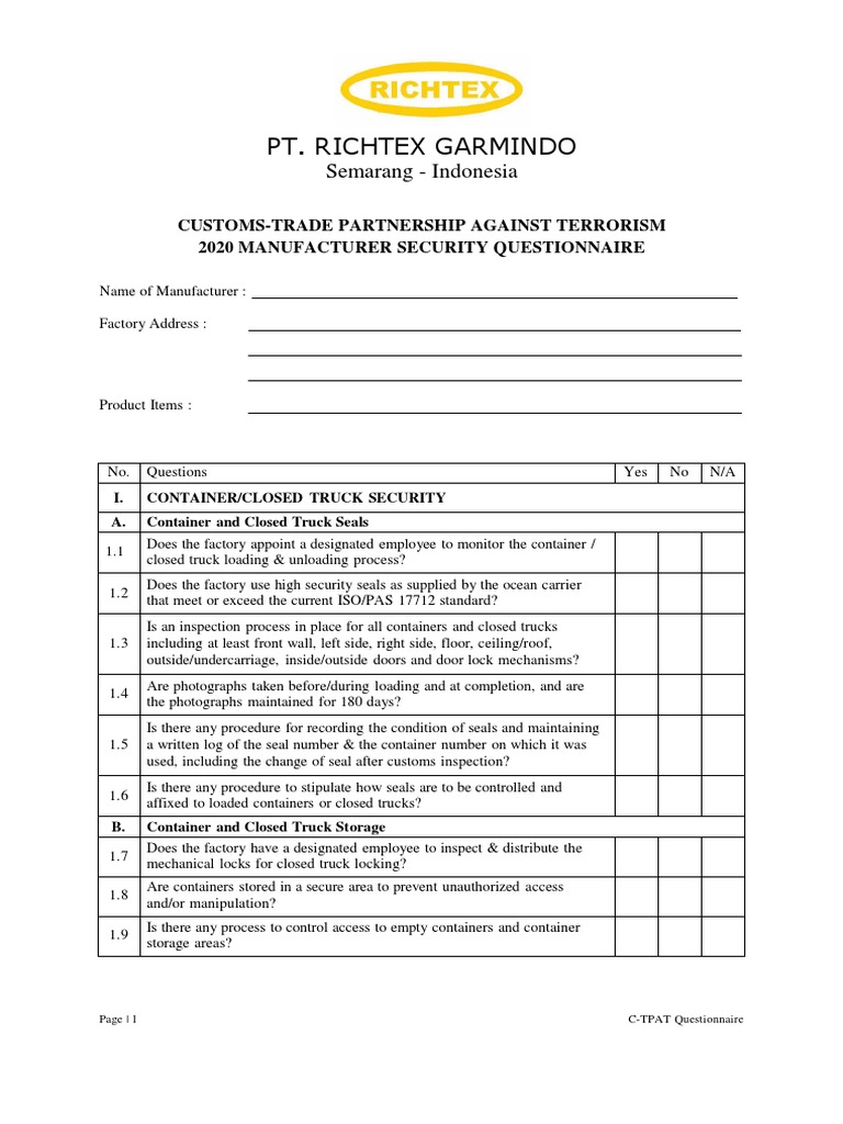 C-TPAT Security Questionnaire 2020 | PDF | Security Guard | Surveillance