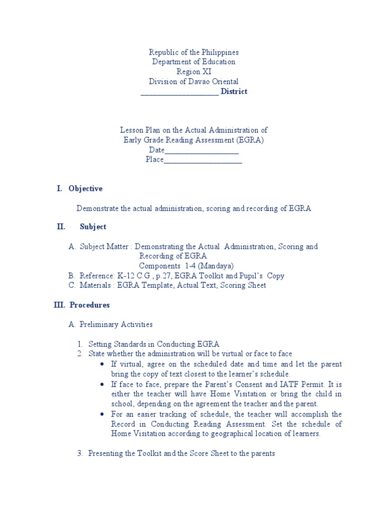 Sample Lesson Plan in The Actual Administration of EGRA | PDF ...
