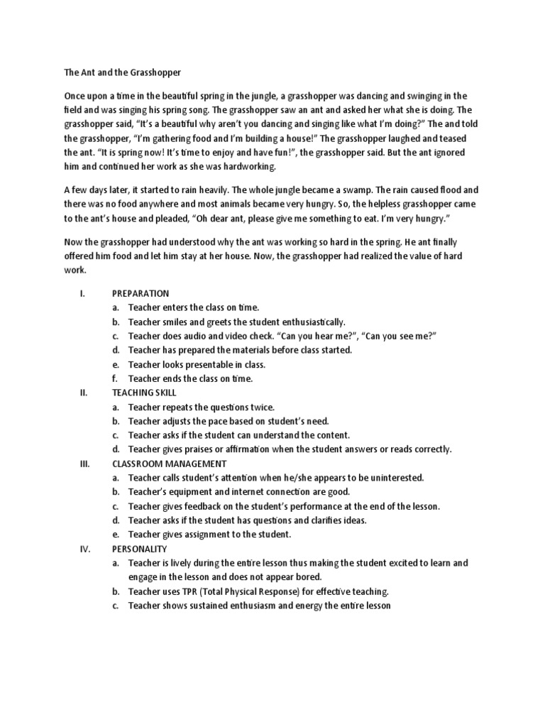 The Ant and The Grasshopper | PDF | Teachers | Classroom Management