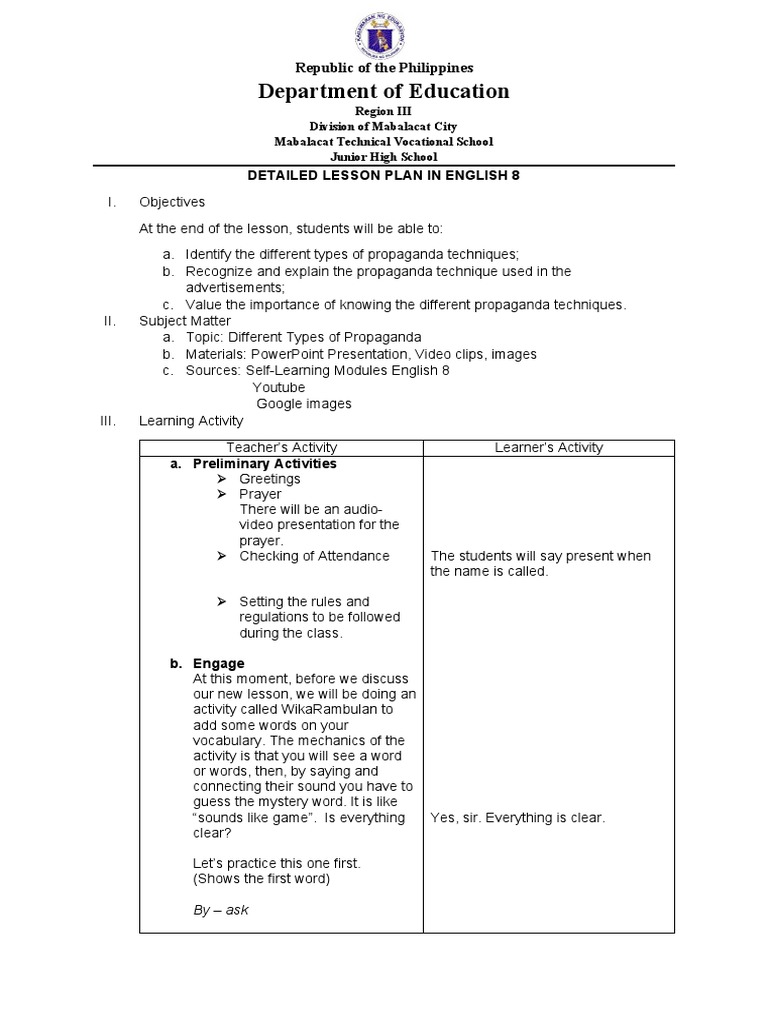 Detailed Lesson Plan in English 8 | PDF | Propaganda | Advertising